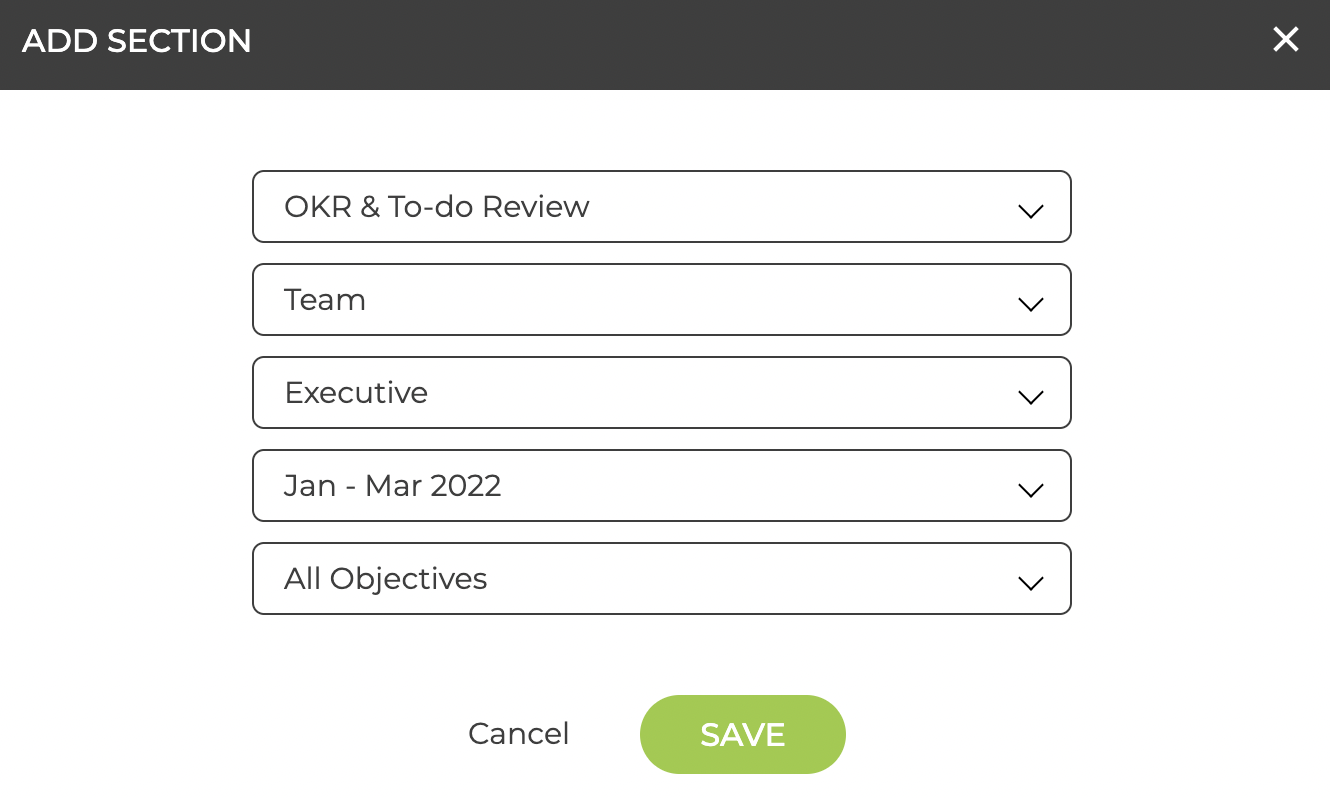 What are the OKR, Initiative & KPI Review meeting sections? – ZOKRI